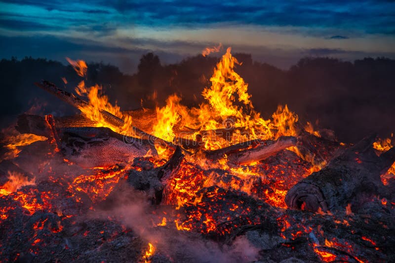 Landscape with Bonfire, Night and Bright Hot Flame Stock Photo - Image ...
