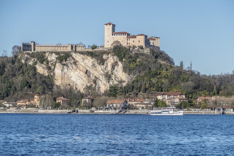 Landscape of the Castle of Angera and the City with a Boat Stock Photo ...
