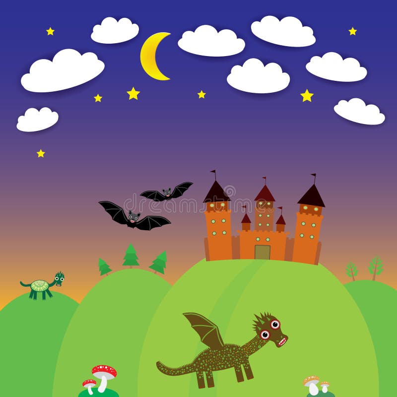 Landscape with Castle Wizard, Cartoon Dragon, Bats Stock Vector ...