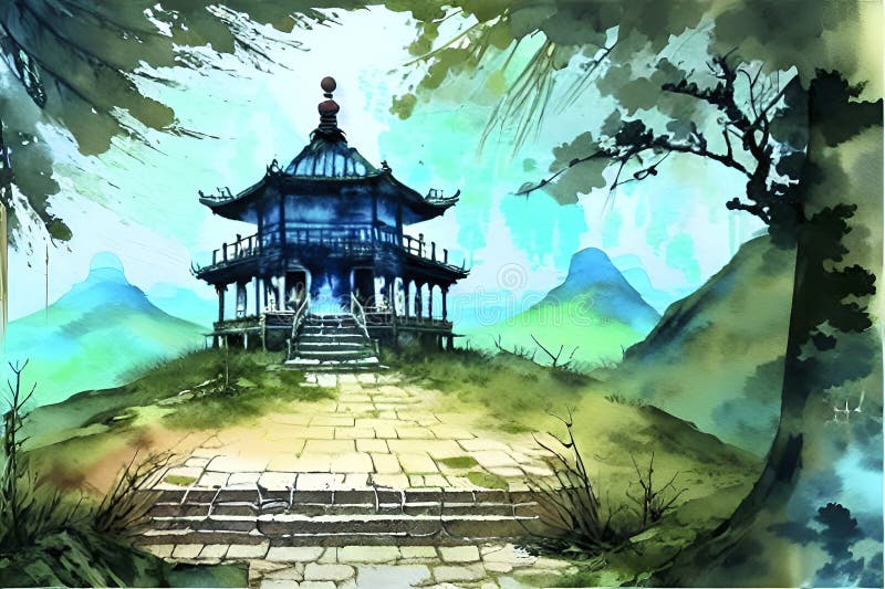 Landscape of Chinese Temple on the Mountain. Digital Painting Stock ...