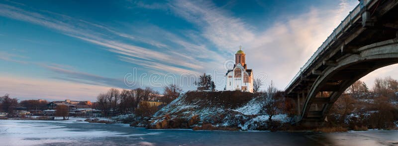 Landscape, Church on Hill Near River Bridge Stock Image - Image of ...