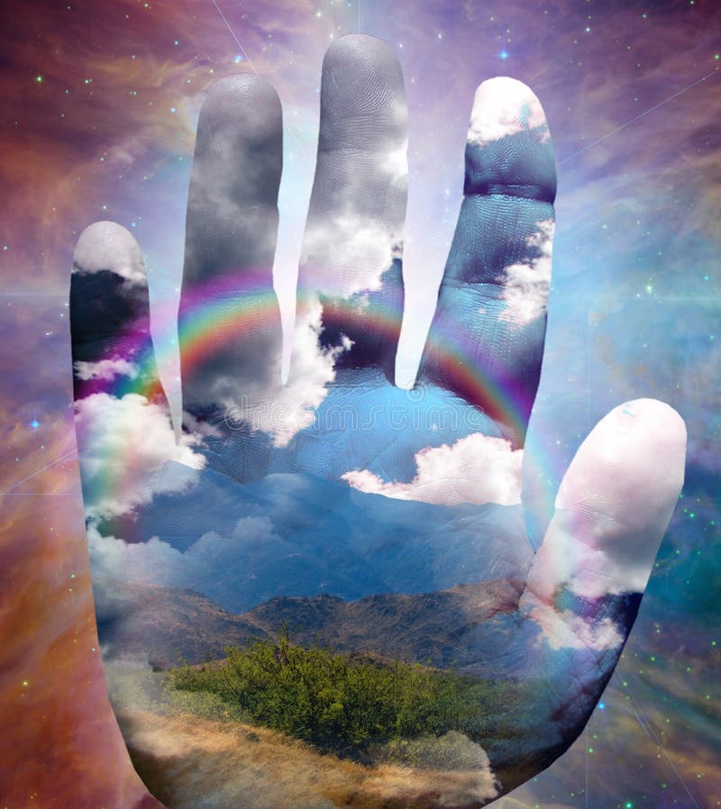 Landscape and Clouds on Hand and Space Stock Illustration ...