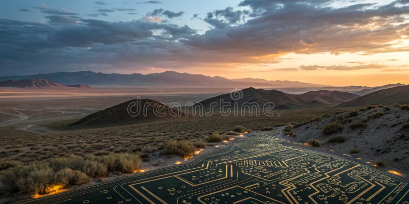 Landscape with Computer Circuit Design during Sunset in Remote Desert ...