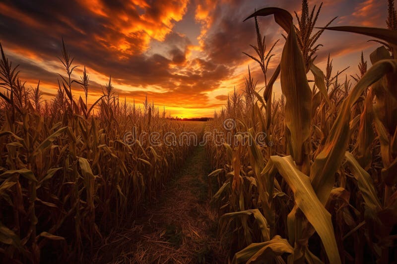 Landscape of Corn Field on Sunset. Stock Illustration - Illustration of ...