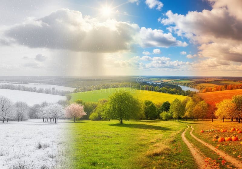 A Landscape Depicting the Four Seasons: Winter, Spring, Summer, Stock Illustration ...