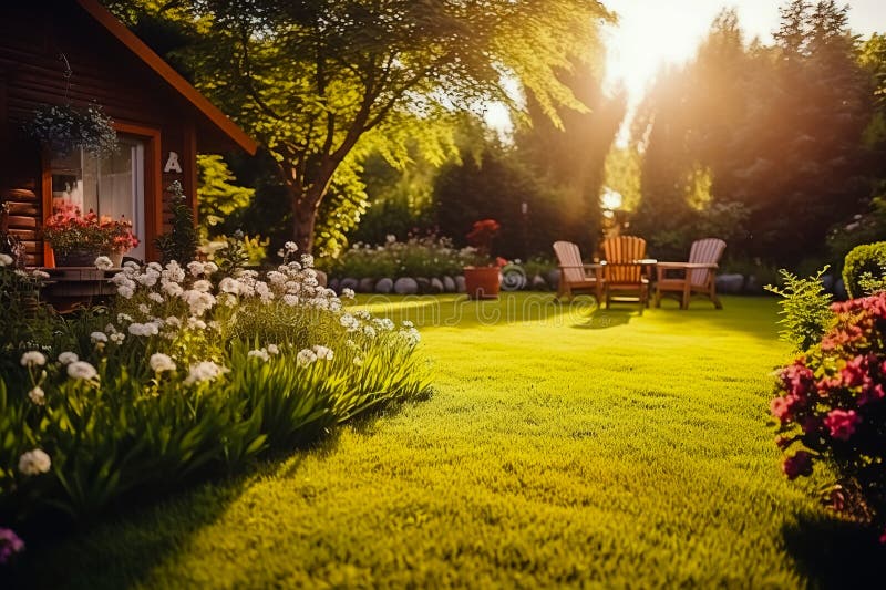 Landscape Design of the Backyard in a Beautiful American Home Stock ...