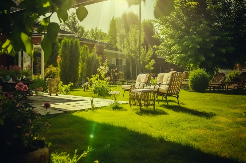 Landscape Design of the Backyard in a Beautiful American Home Stock ...