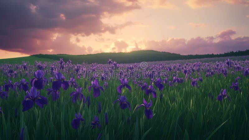 Landscape Design. Blue Wild Iris Flowers in the Mountains with a ...