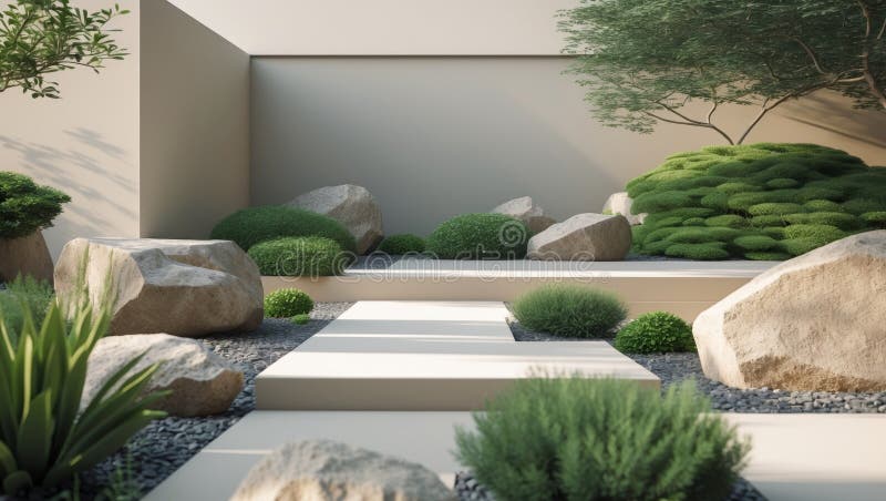 Landscape Design Features Modern Rock Garden with Greenery and Clean ...