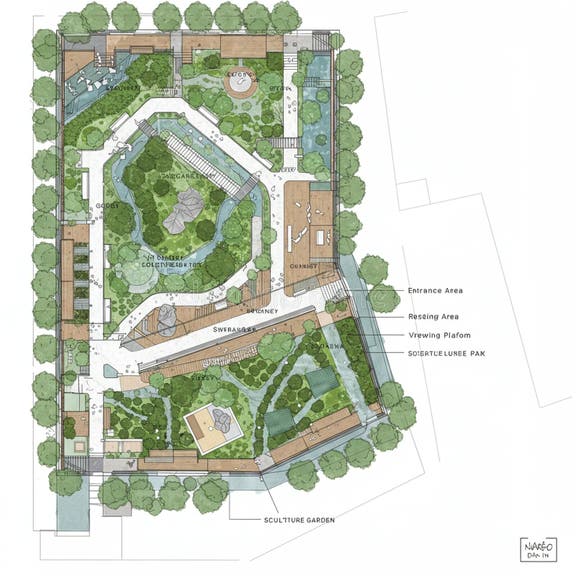Landscape Design Plan Featuring a Central Courtyard Surrounded by Lush ...