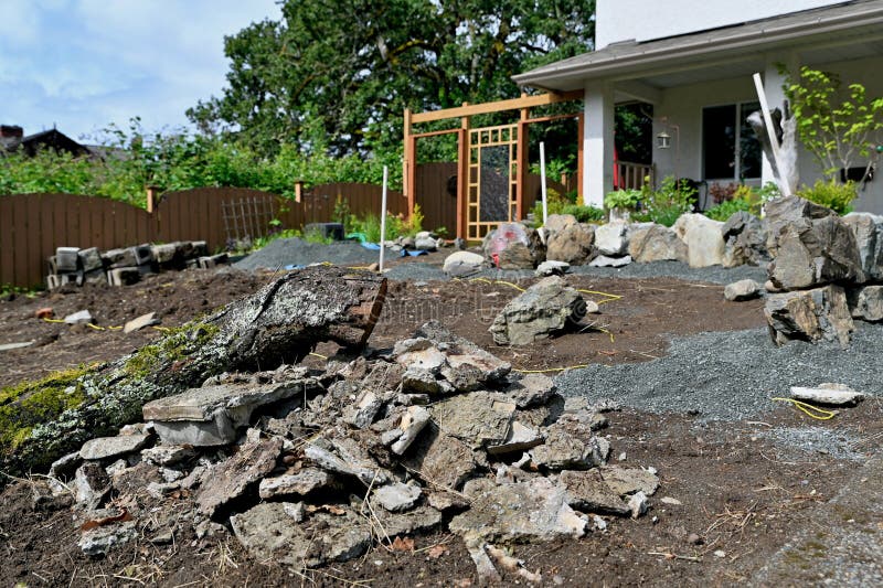 Outdoor Yard Garden Project of Terracing Building Stacked Boulder Rock ...