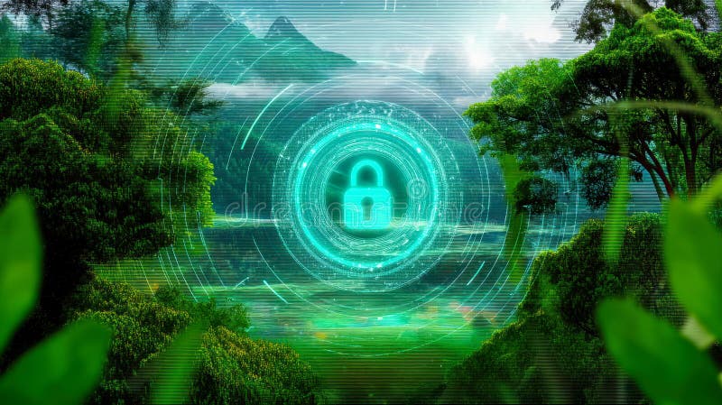 Landscape with Digital Lock Symbolizing Security in Nature Conservation ...