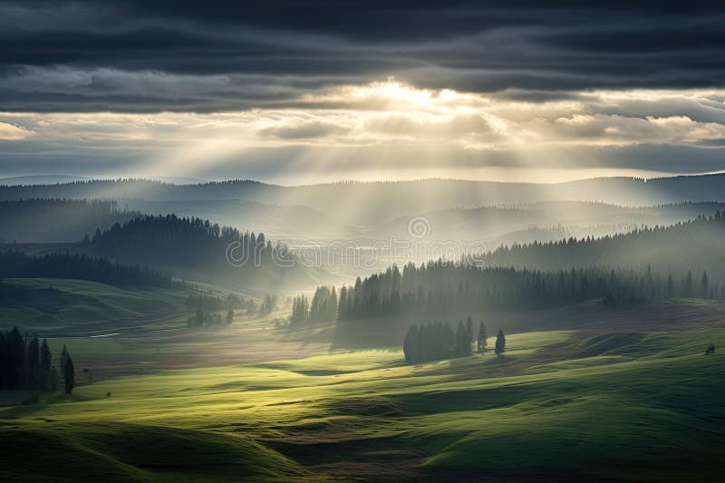 Landscape with Divine Sun Rays Stock Image - Image of sunset, winter ...