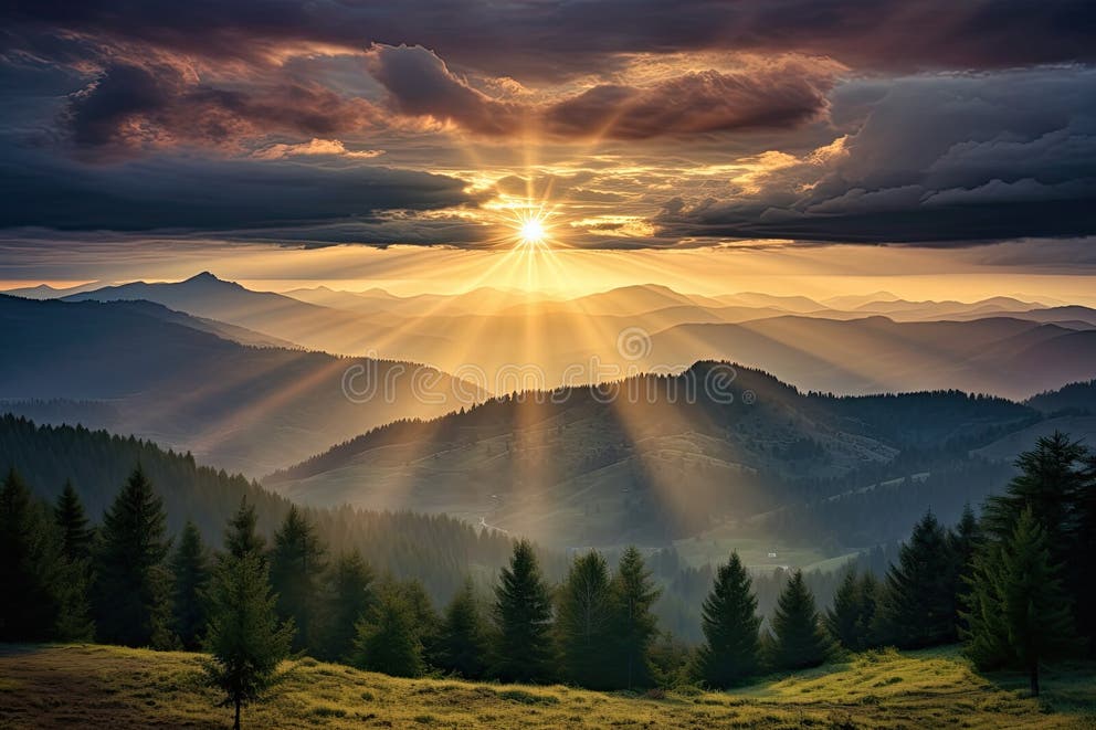 Landscape with Divine Sun Rays Stock Image - Image of mountain, cloud ...