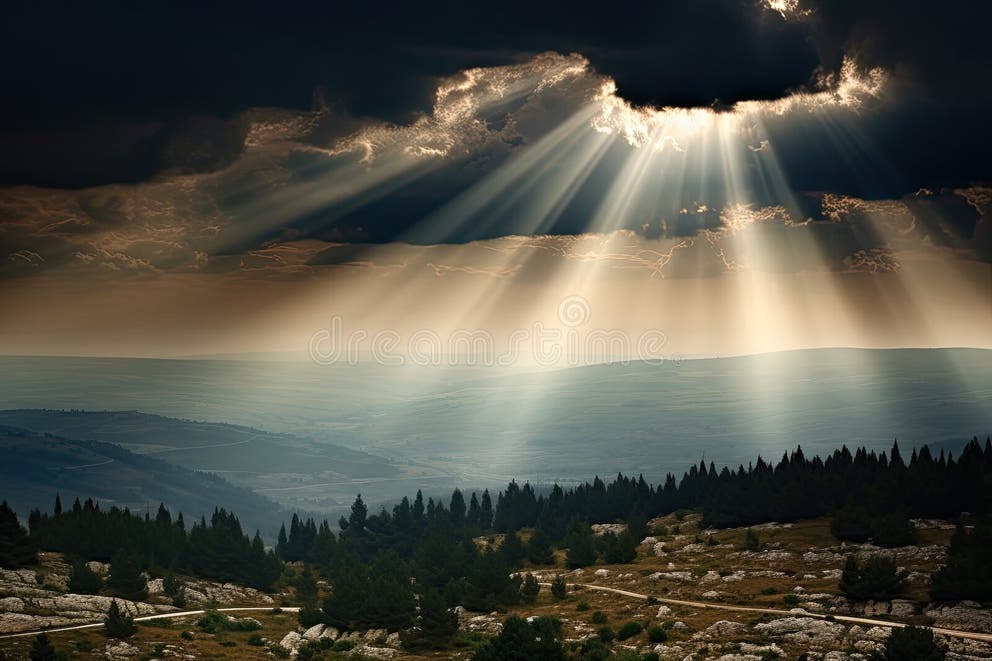 Landscape with Divine Sun Rays Stock Photo - Image of grass, mountain ...