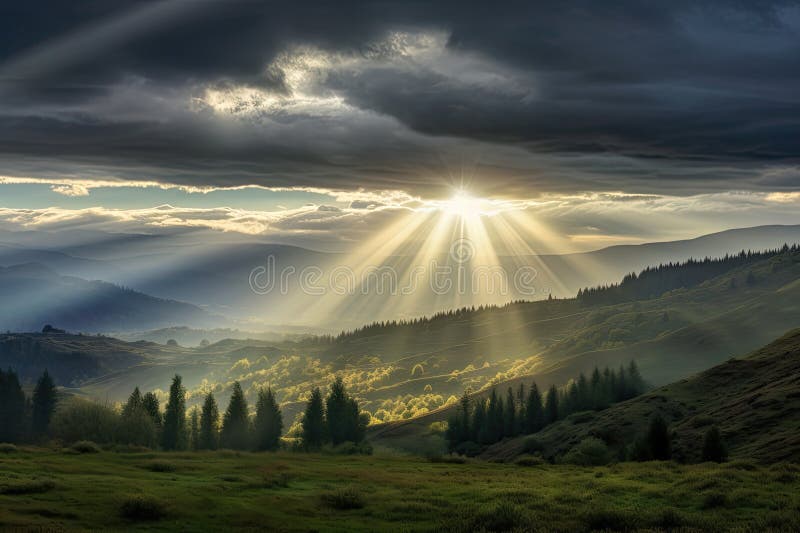Landscape with Divine Sun Rays Stock Image - Image of land, grass ...