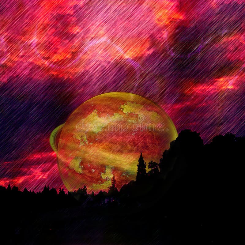 Landscape with Dramatic Red Sky, Lightnings, Celestial Body and ...