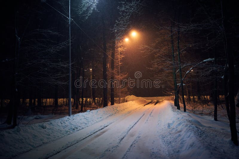 Landscape of Empty Night Winter Road Covered by Snow. Forest Scene ...