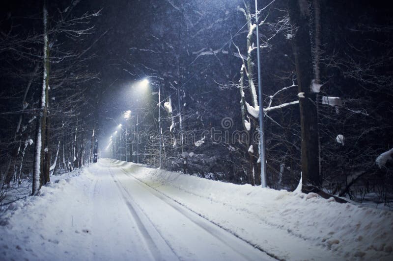 Landscape of Empty Night Winter Road Covered by Snow. Forest Scene ...