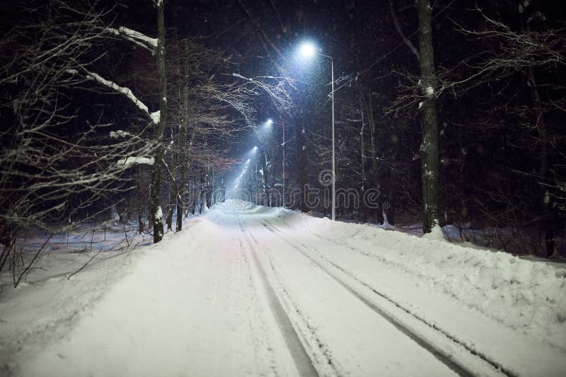 Landscape of Empty Night Winter Road Covered by Snow. Forest Scene ...