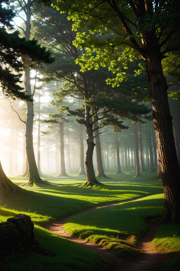 A Landscape of Enchanted Forest Tree and Ethereal Glow Sunlight Stock ...