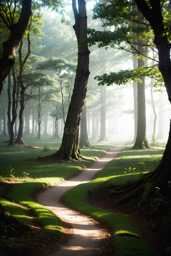 A Landscape of Enchanted Forest Tree and Ethereal Glow Sunlight Stock ...