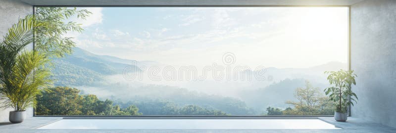 The Landscape through the Expansive Window Reveals Mist-covered ...