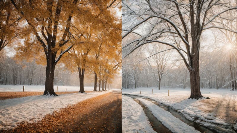 Landscape from Fall To Winter by Contrasting Scenes of Trees Stock ...