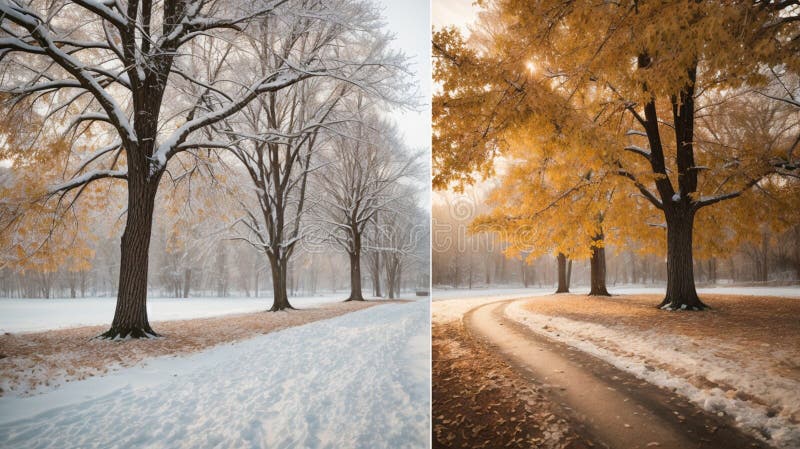 Landscape from Fall To Winter by Contrasting Scenes of Trees Stock ...