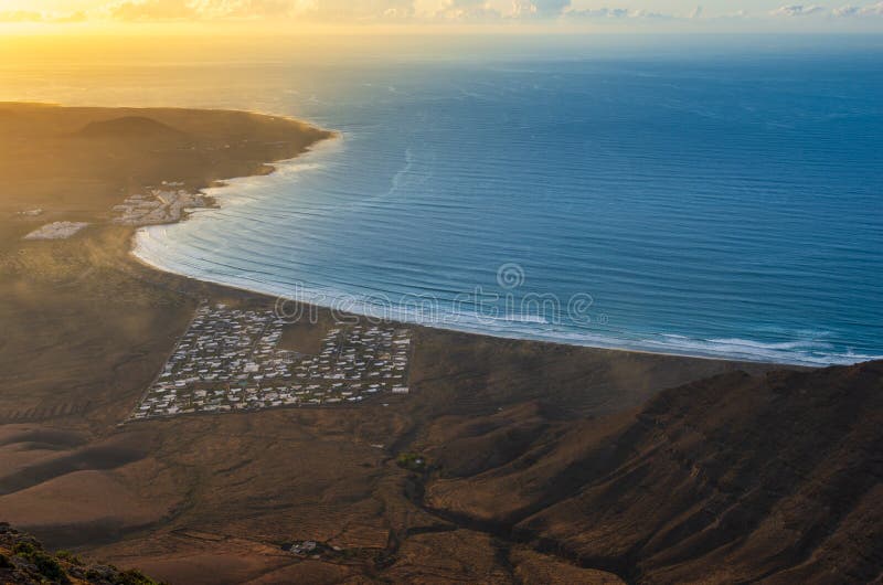 Landscape of Famara Beach from Cliffs at Sunset Stock Image - Image of ...