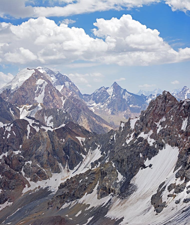 Landscape of Fan Mountains with Peaks Covered by Snow Stock Photo ...