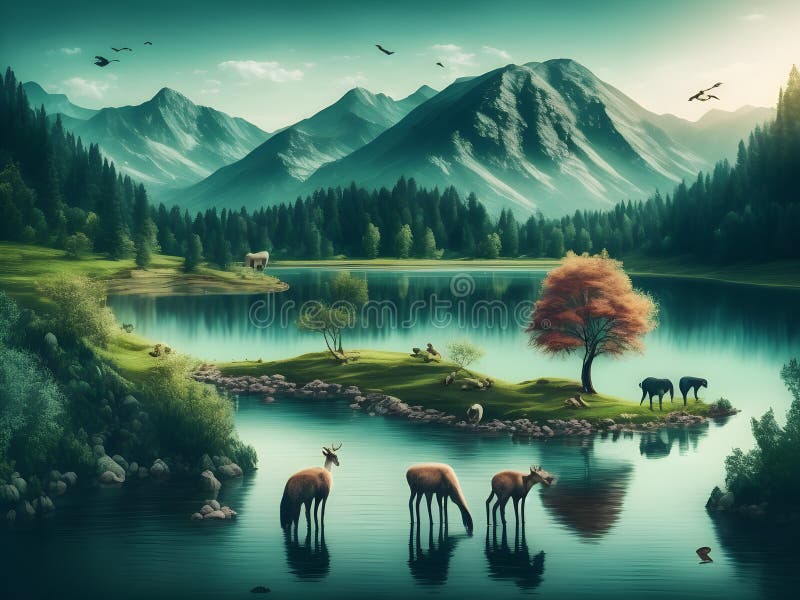 Landscape with Fantasy Animals, Generative AI Illustration Stock Photo ...