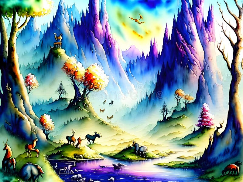 Landscape with Fantasy Animals, Generative AI Illustration Stock Photo ...