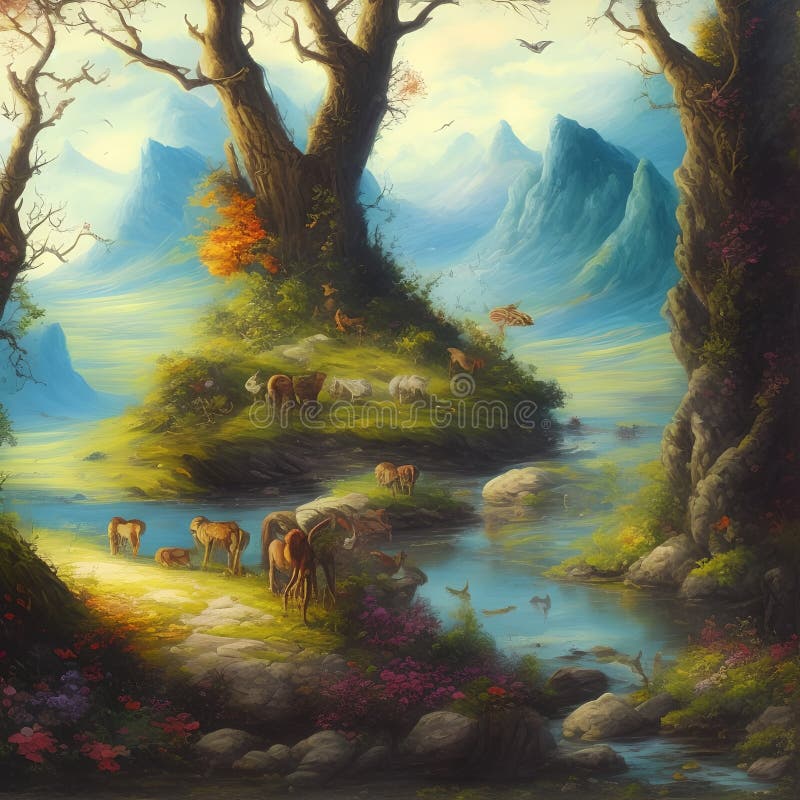 Landscape with Fantasy Animals, Generative AI Illustration Stock ...