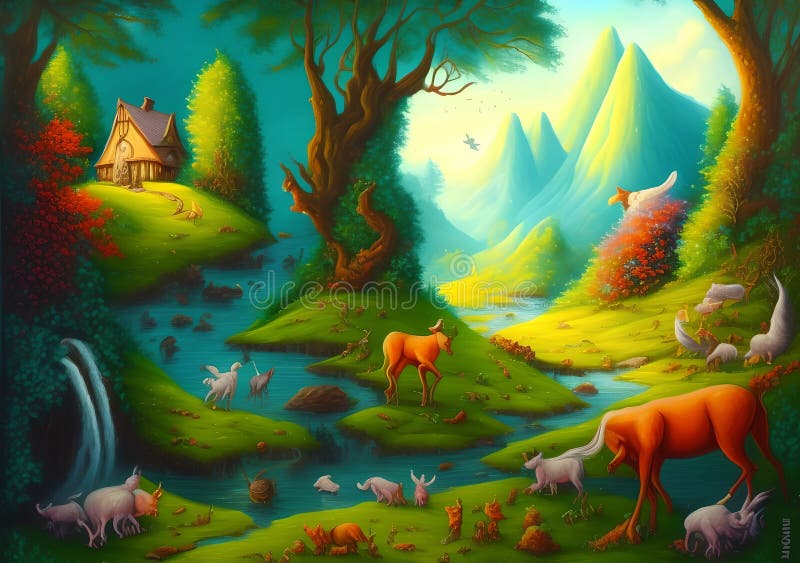 Landscape with Fantasy Animals, Generative AI Illustration Stock Photo ...