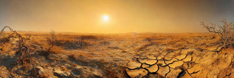 The Landscape Features Cracked Earth and Withered Plants Under a ...