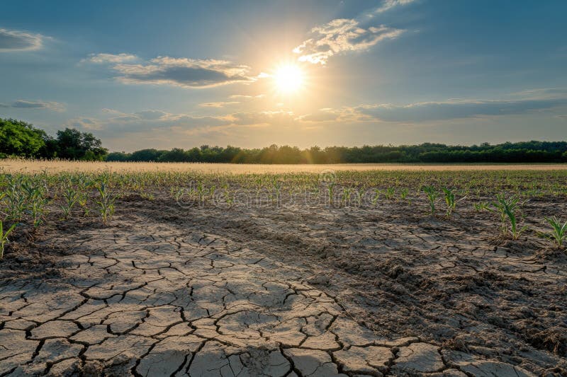 The Landscape Features Parched Earth with Deep Cracks, Surrounded by ...