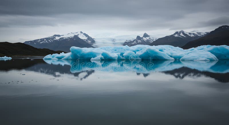 Blue Icebergs Reflecting in Still Water with Mountain Backdrop Stock ...