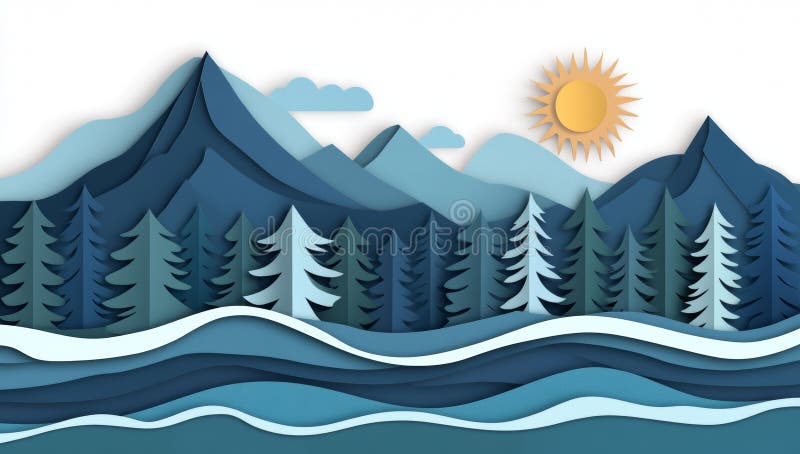 Landscape Featuring Mountains and a Lake in a Paper Cutout Style Stock ...