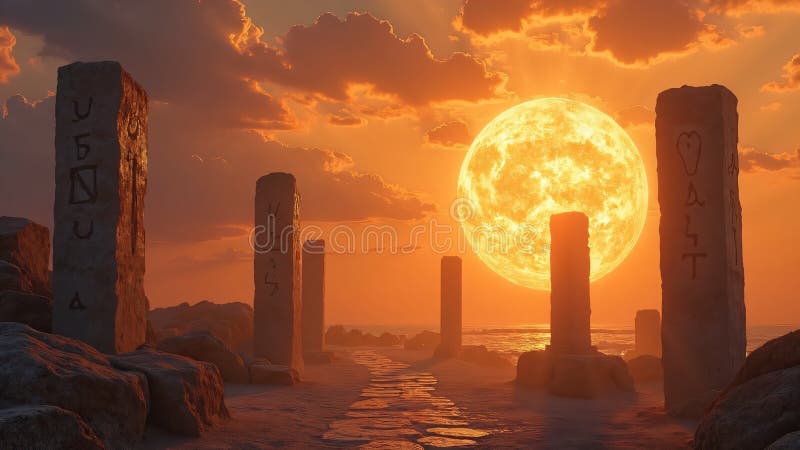 Stone Pillars with Markings on a Beach at Sunset Stock Illustration ...