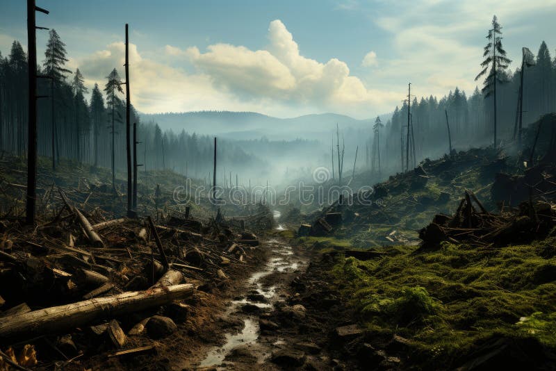 Landscape with Felled Trees in the Forest. Deforestation Stock ...