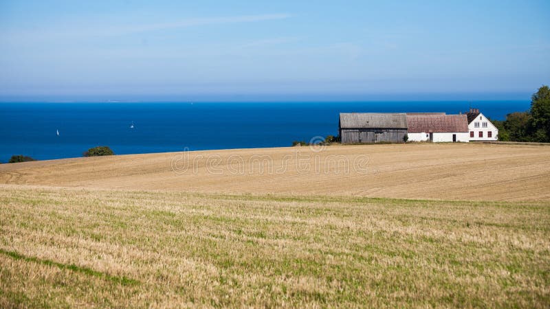 Landscape with Field, House and Sea Stock Photo - Image of travel ...
