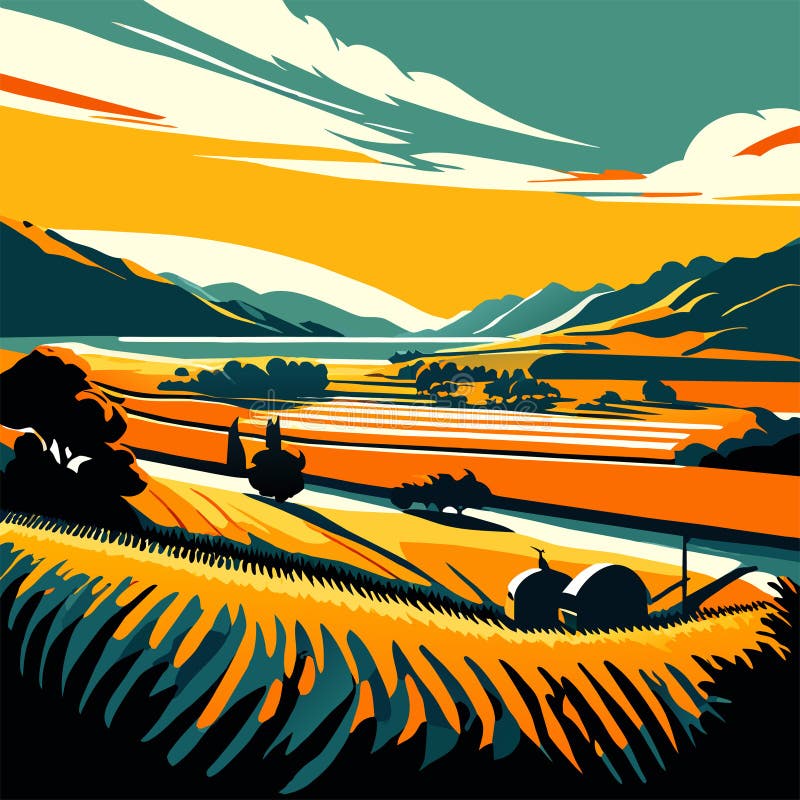 Landscape with Fields and Hills. Vector Illustration in a Flat Style ...