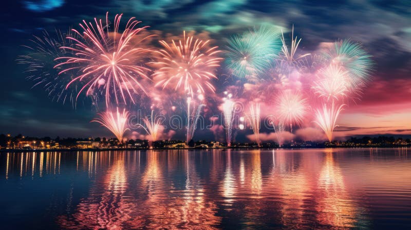 Landscape Firework on River and City Background Stock Illustration ...