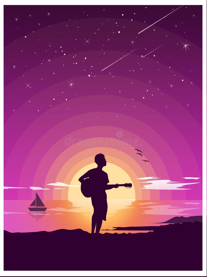 Landscape Flat Design a Man with Guitar at Sunset Stock Illustration ...