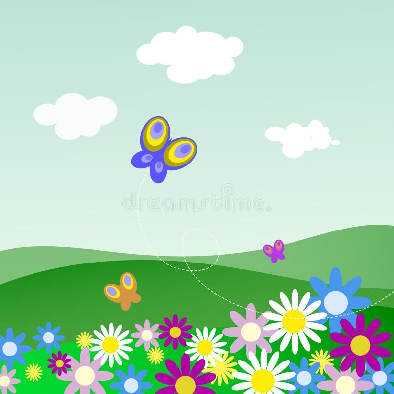 Landscape with Flowers and Butterflies Stock Vector - Illustration of ...