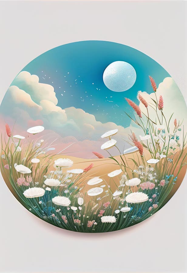 Landscape of a Flowery Spring Meadow in a Round Frame. AI Generated ...