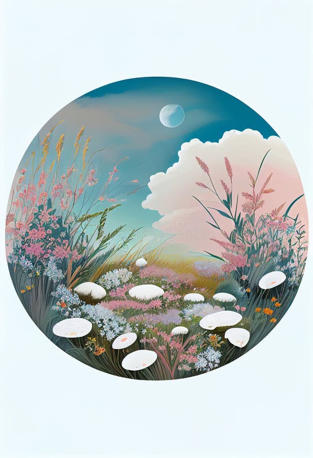 Landscape of a Flowery Spring Meadow in a Round Frame. AI Generated ...