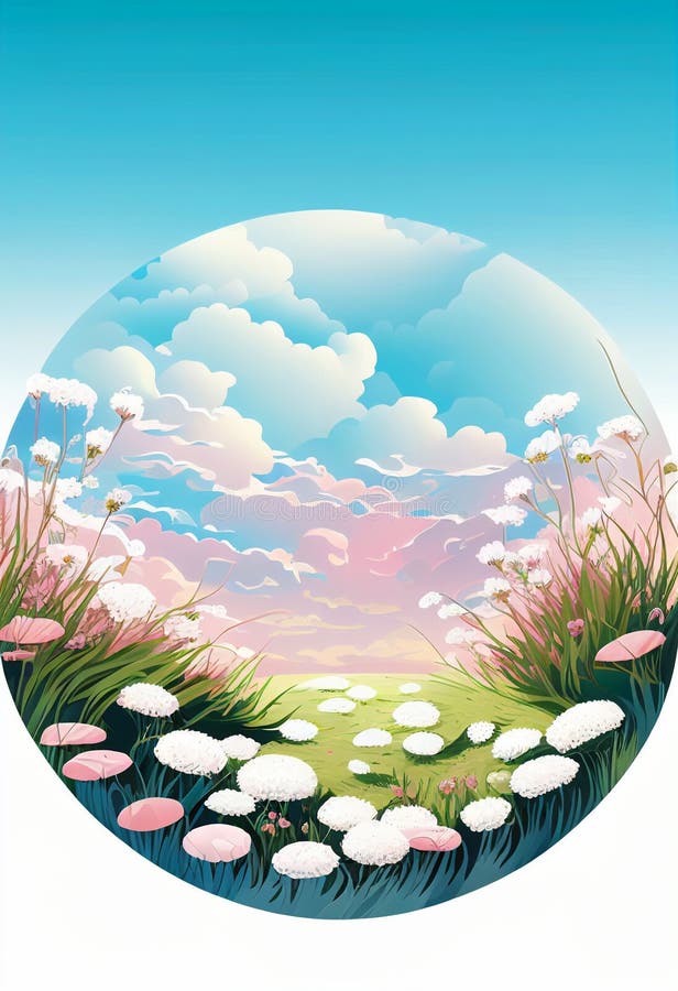 Landscape of a Flowery Spring Meadow in a Round Frame. AI Generated ...