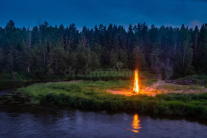 Landscape of Forest and River at Night. Huge Fire. Midsummer. Stock ...